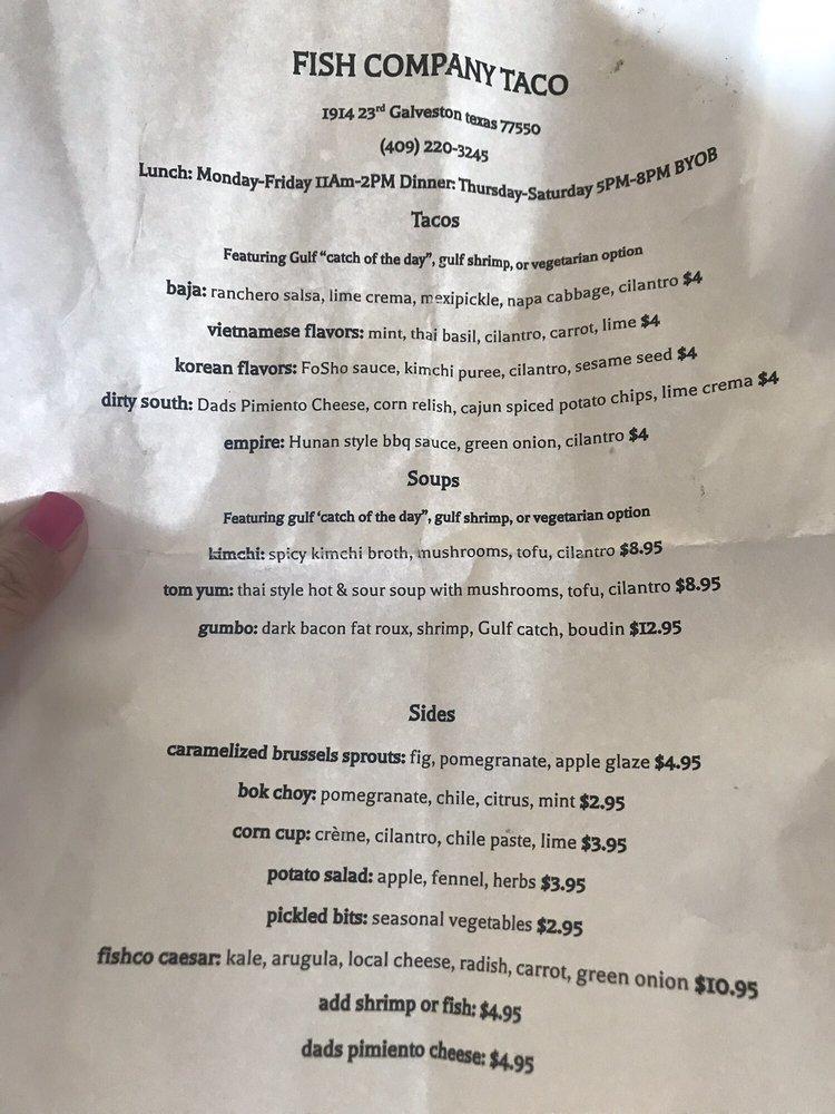 Menu at Fish Company Taco restaurant, Galveston