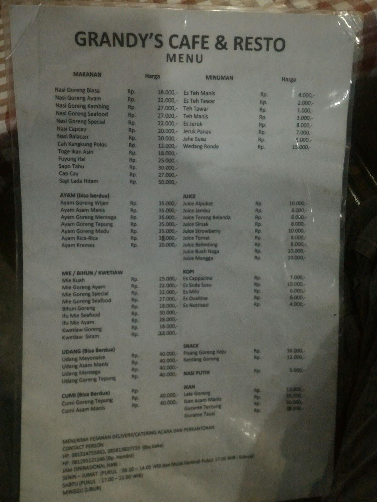 Menu at Grandy's Cafe & Resto, Central Jakarta