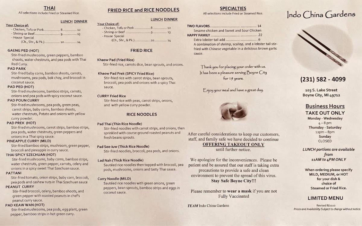 Menu At Indo China Gardens Boyne City Takeout Only Restaurant