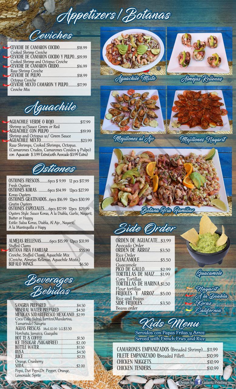 Carta del pub y bar Mariscos La Playita, Concord