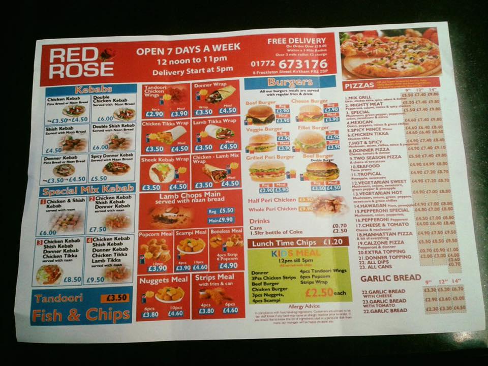 Menu at Red Rose restaurant, Kirkham