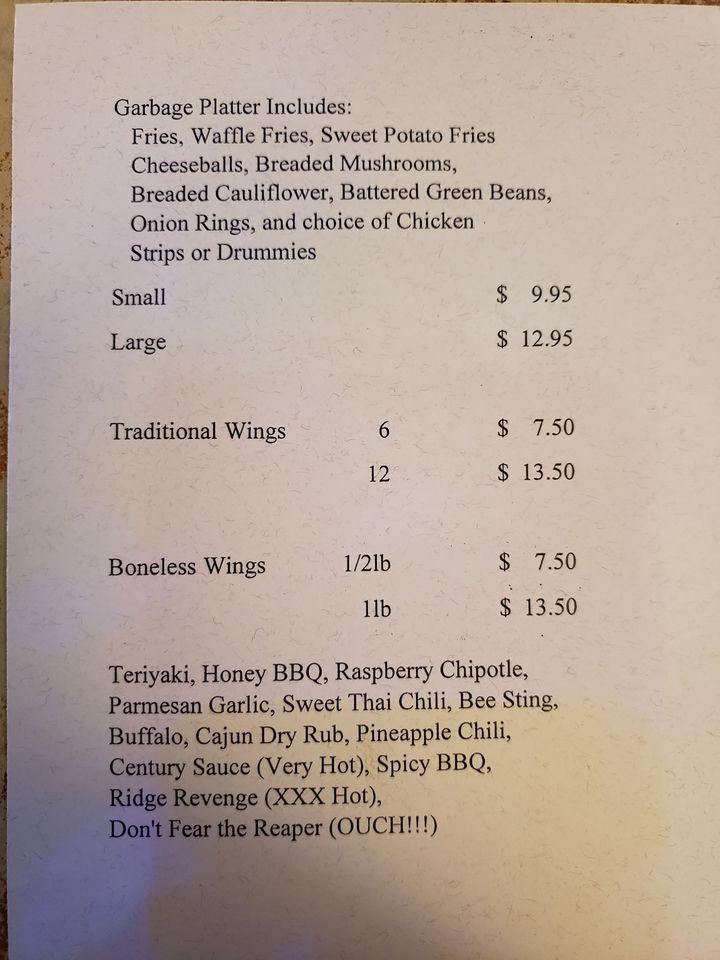 Menu at The Ridge restaurant, Bruce