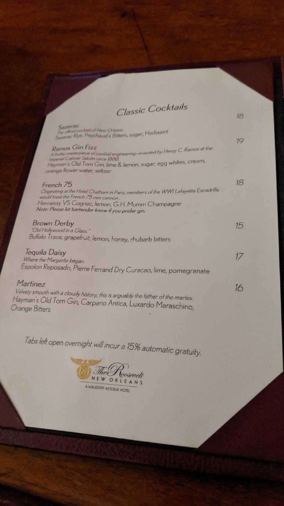 Menu at The Sazerac Bar, New Orleans
