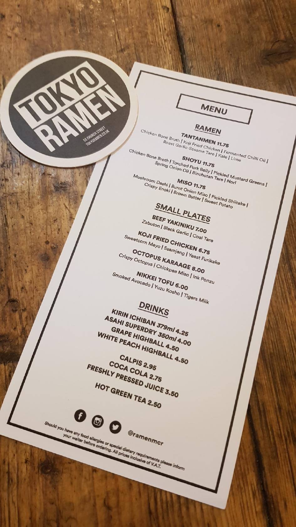 Menu at TOKYO RAMEN MANCHESTER restaurant, Manchester