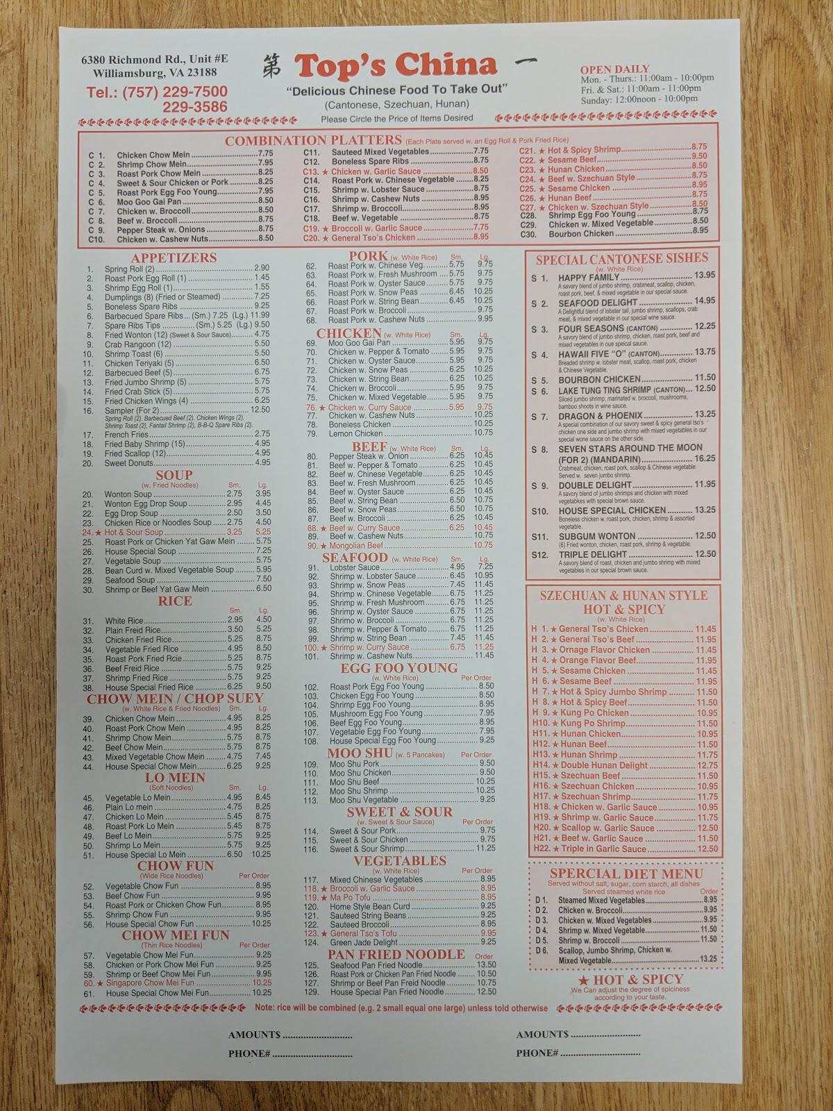 Menu at Top's China restaurant, Williamsburg