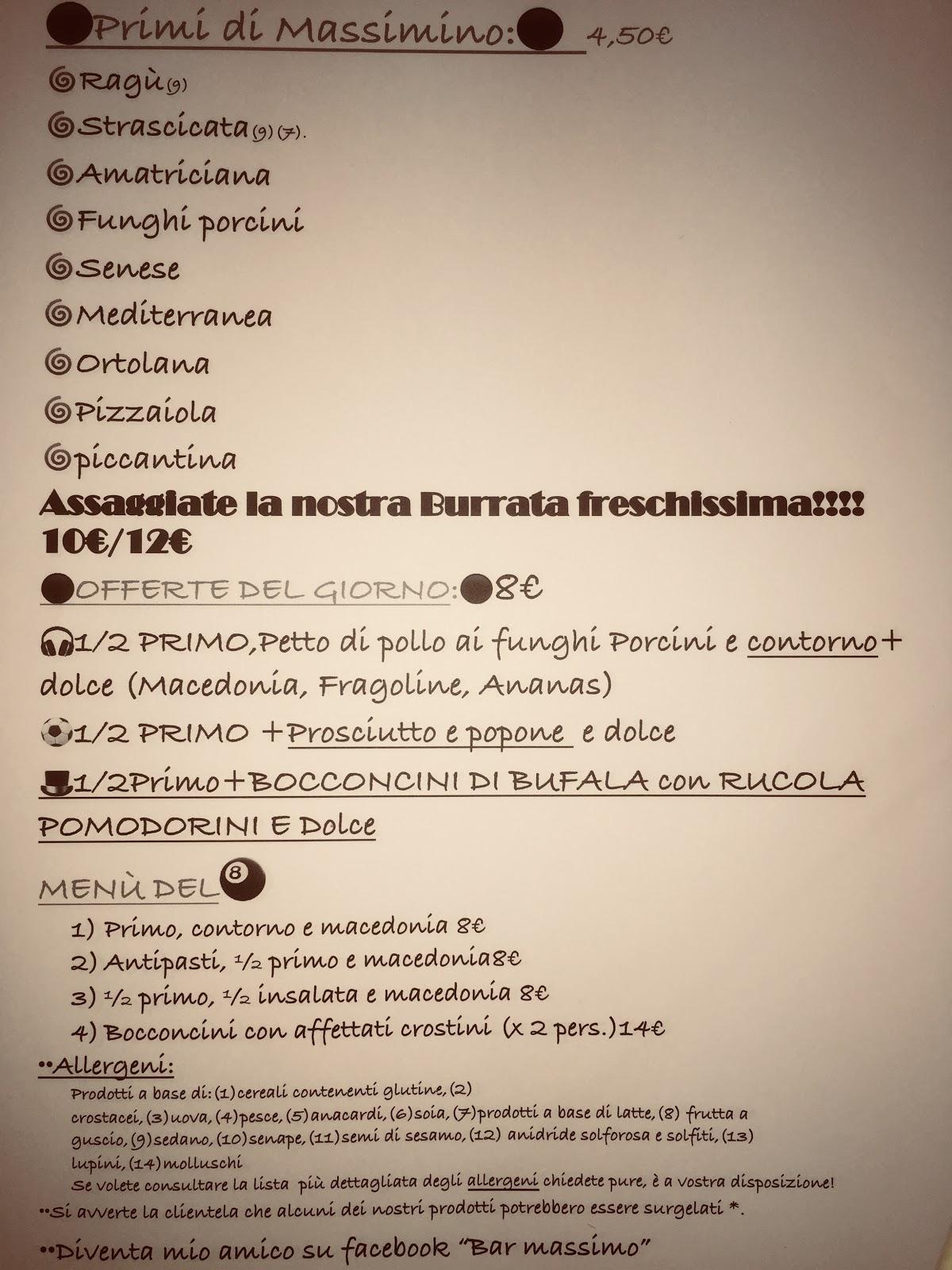 Menu da Bar Massimo, Firenze, Via Carlo del Prete