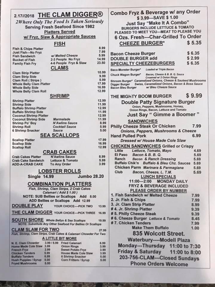 Menu at The Crazy ClamDigger - Waterbury LLC restaurant, Waterbury, 835 ...