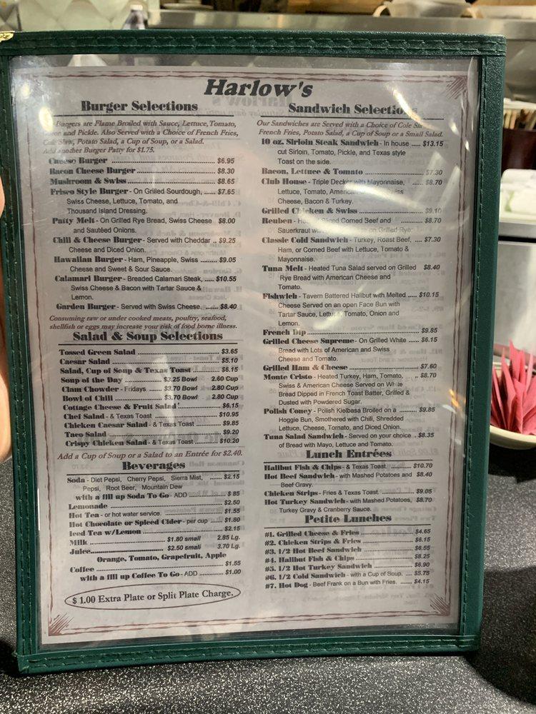 Menu at Harlow's Diner restaurant, Rathdrum