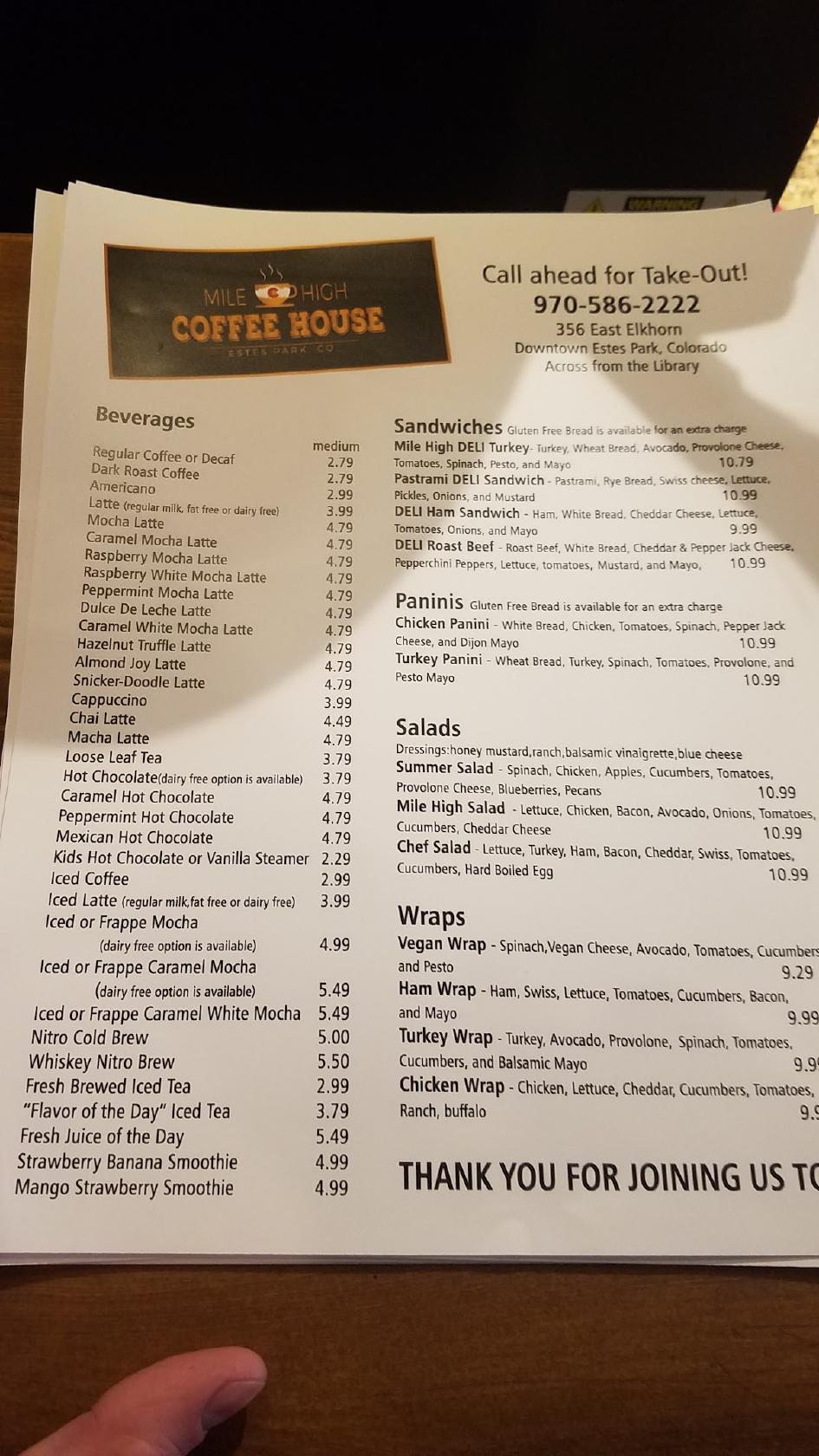 Menu at Mile High Coffee House, Estes Park