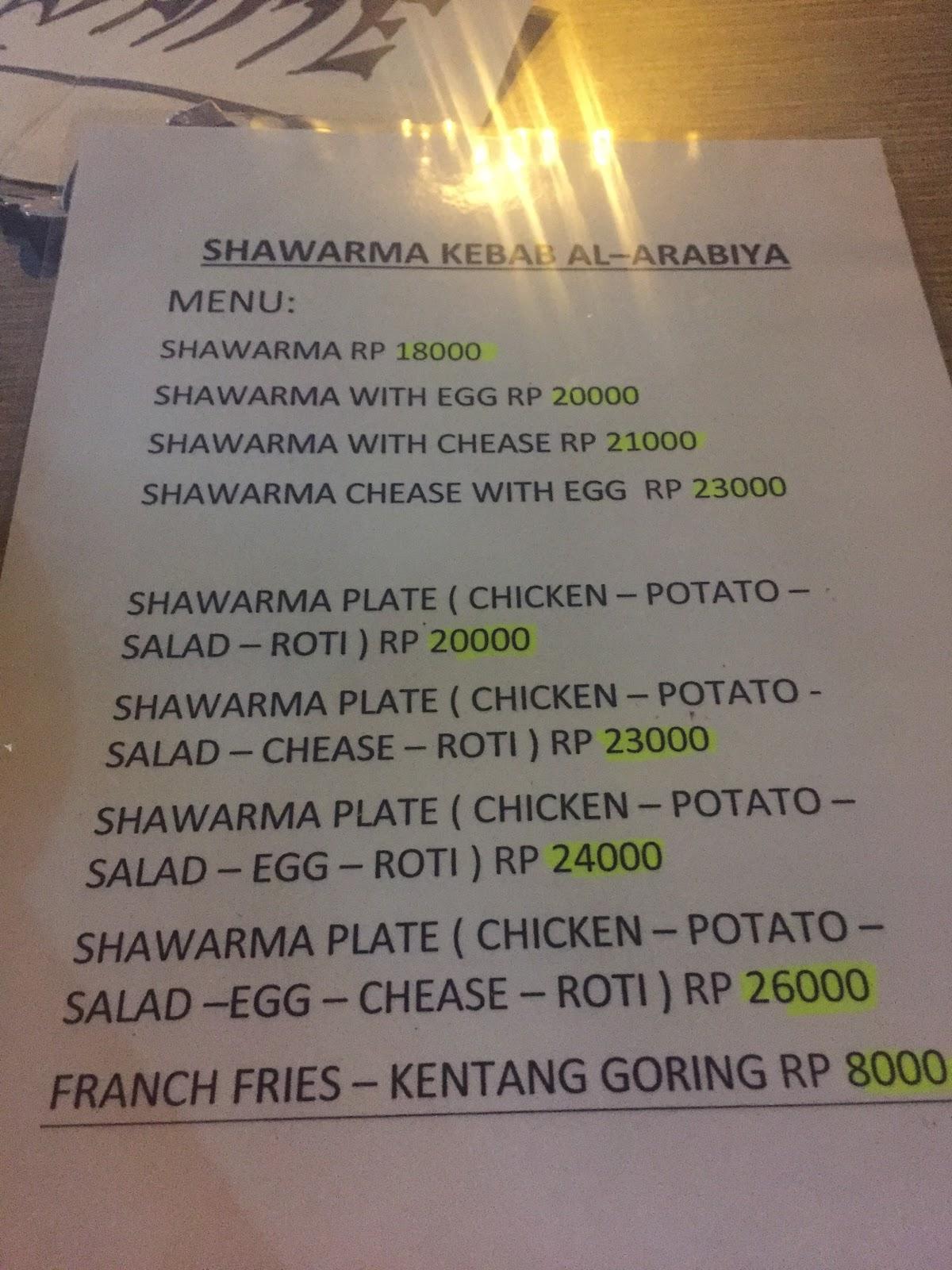 Menu at SHAWARMA KEBAB-AL ARABIA, Pontianak, X87R+QRR