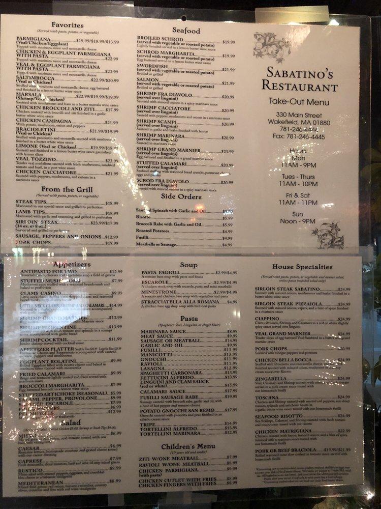 Menu at Sabatino's Restaurant, Wakefield, 330 Main St