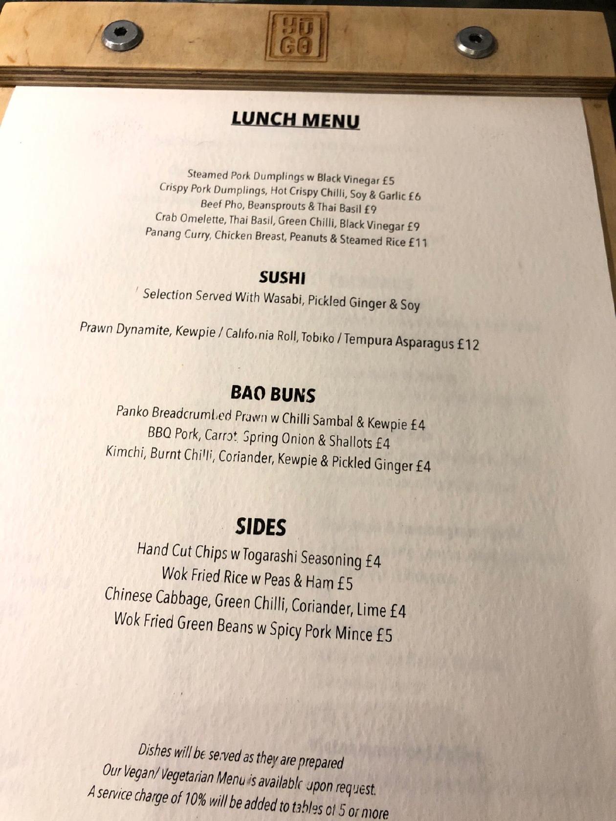 Menu at Yügo pub & bar, Belfast