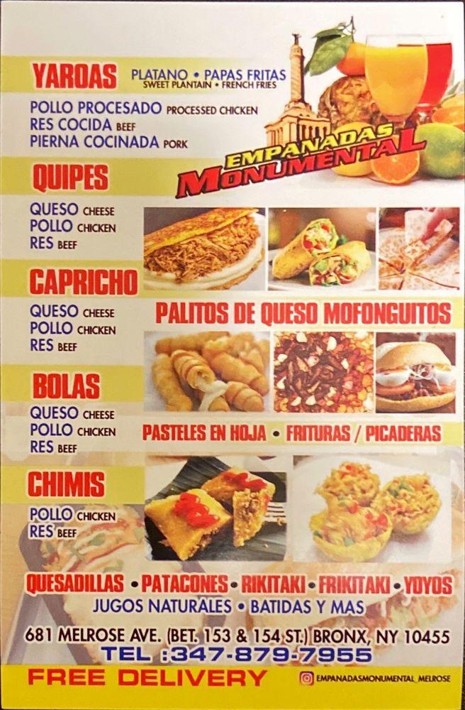 Menu at Empanadas Monumental restaurant, New York City, 681 Melrose Ave