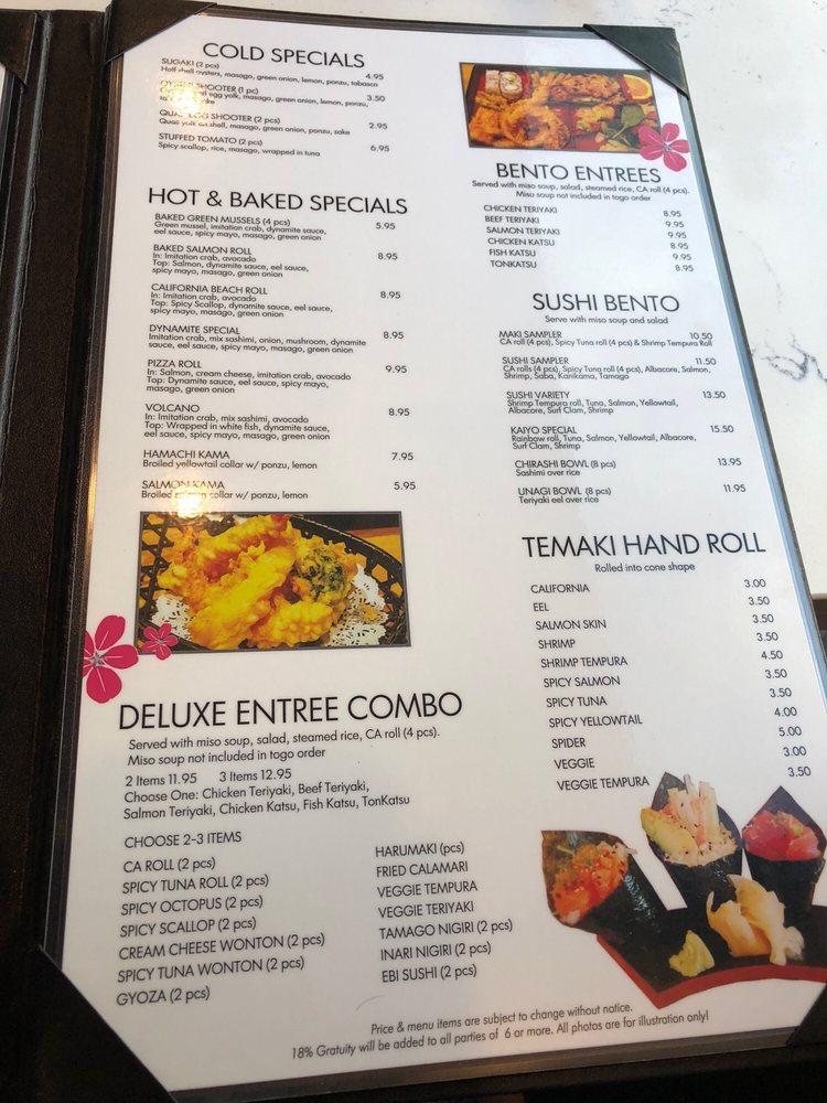 Menu at Kaiyo Sushi restaurant, Chula Vista