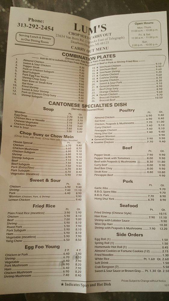 Menu at Lum's Chop Suey restaurant, Dearborn Heights