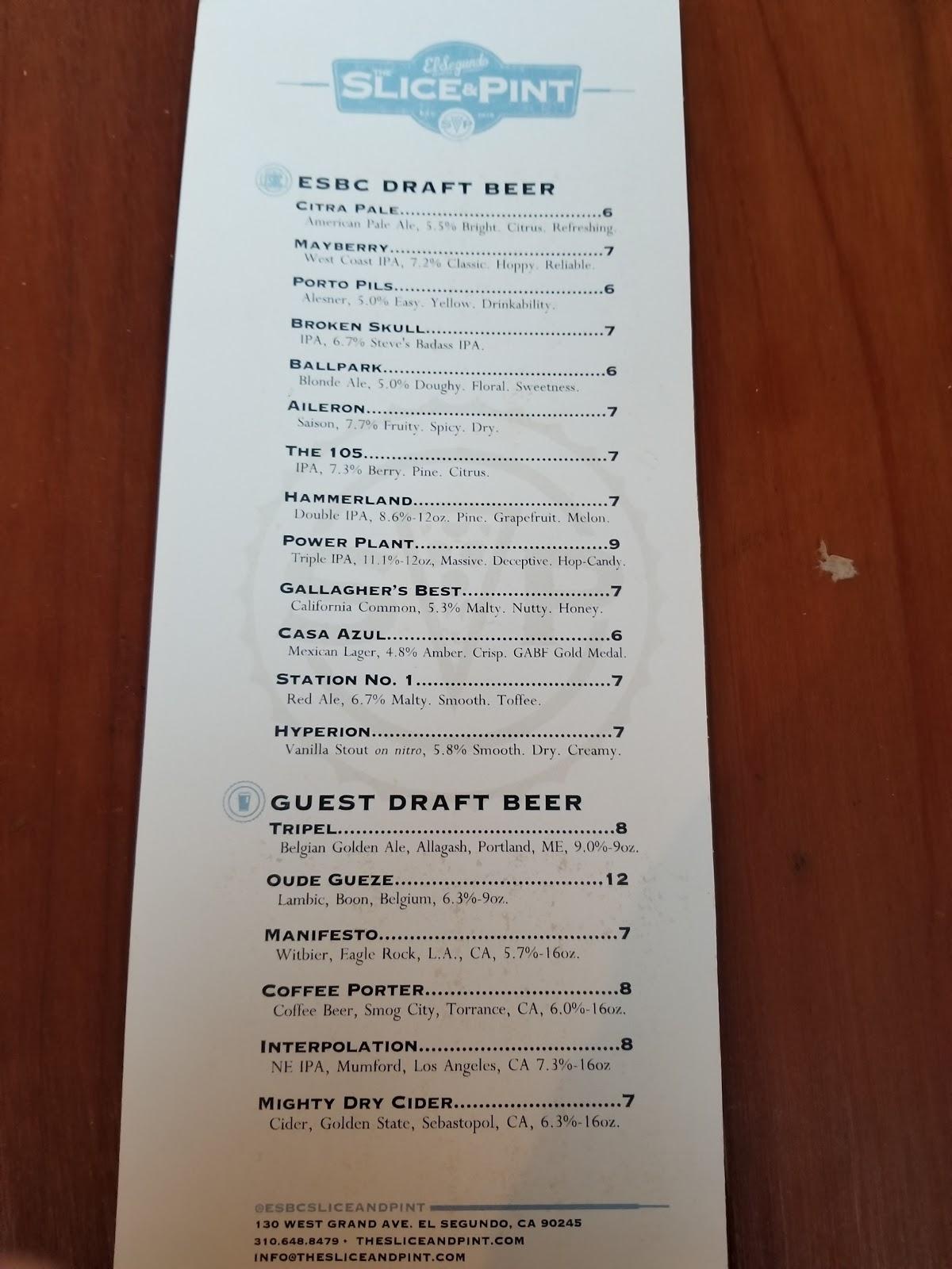 Menu at The Slice & Pint pizzeria, El Segundo