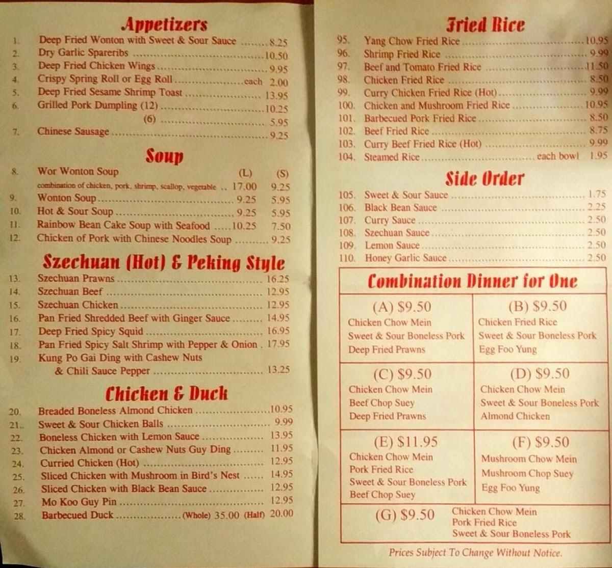 Menu at Wing’s Kitchen restaurant, Salmon Arm