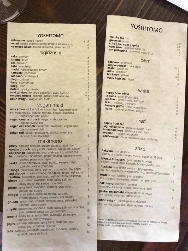 Menu at Yoshitomo restaurant, Omaha