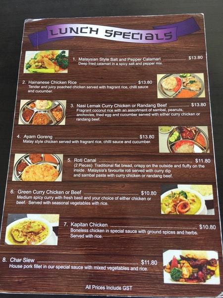 Menu at Malaysia House restaurant, Mackay