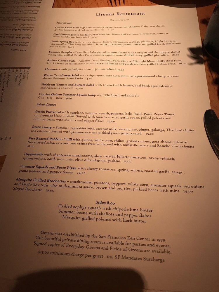 Menu at Greens restaurant, San Francisco, Building A