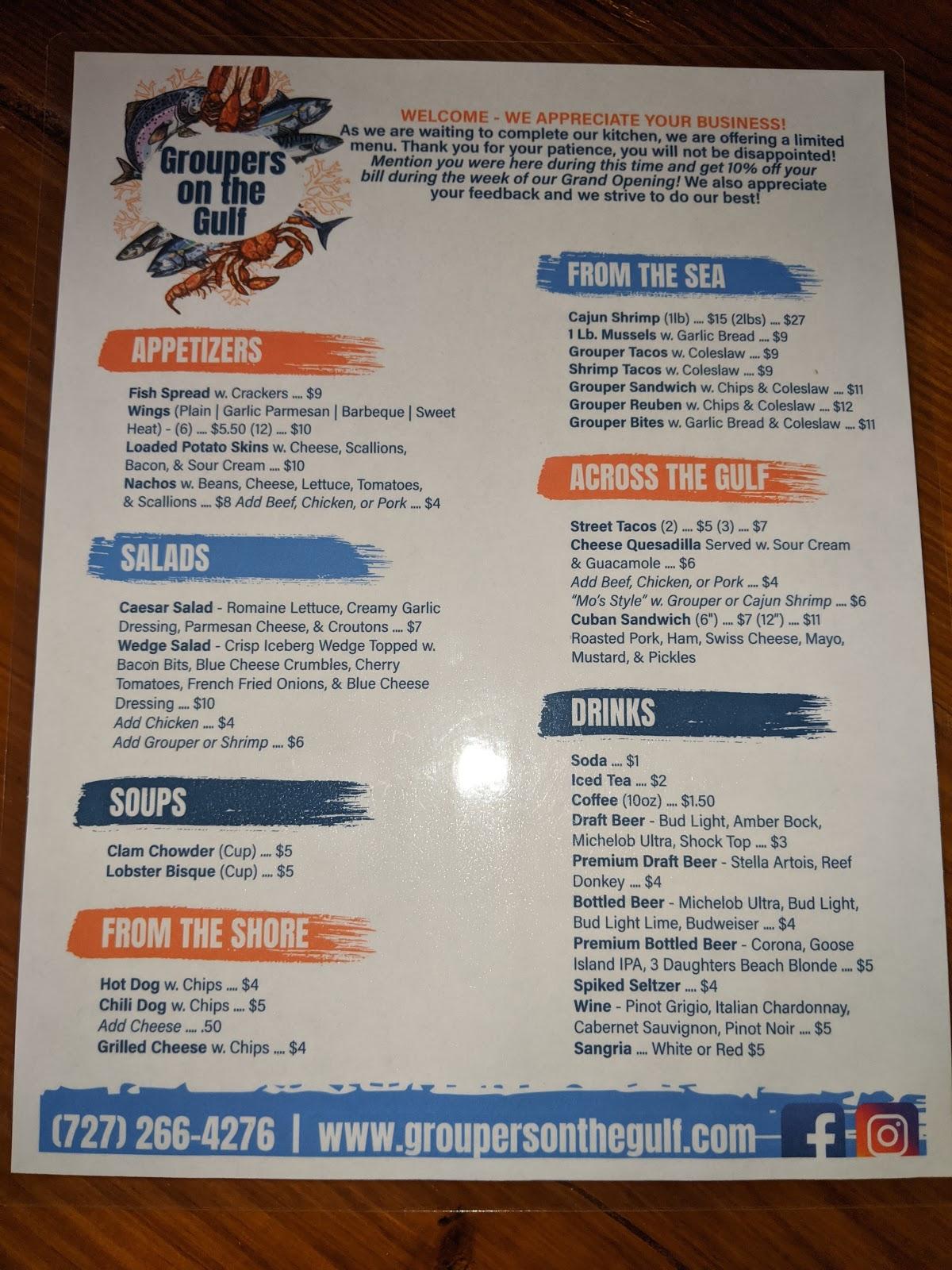 Menu at Groupers on the Gulf restaurant, Indian Rocks Beach