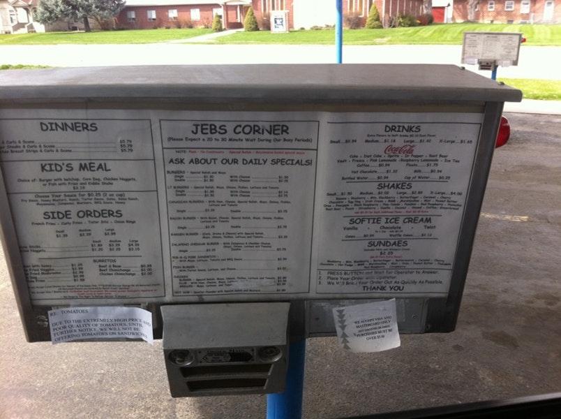 Menu at Jeb's Corner restaurant, Weiser