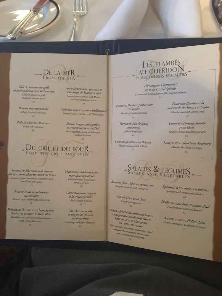 Menu au Le Continental restaurant, Québec