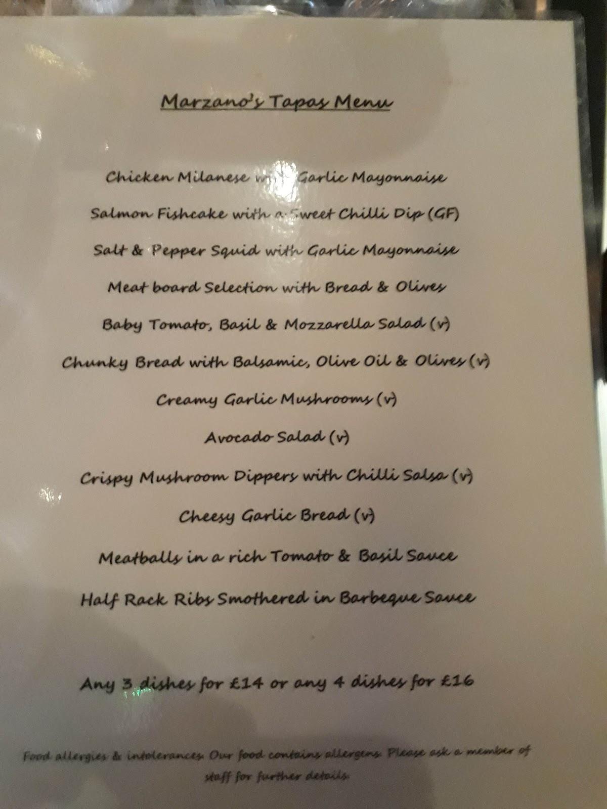 Menu at Marzano's restaurant, Llanelli