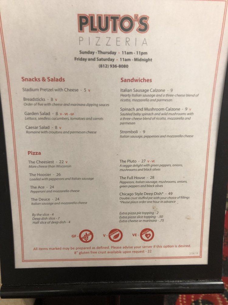Menu at Pluto's Pizzeria, French Lick