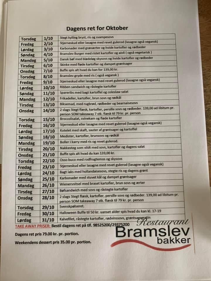 Menu au Restaurant Bramslev Bakker, Hobro