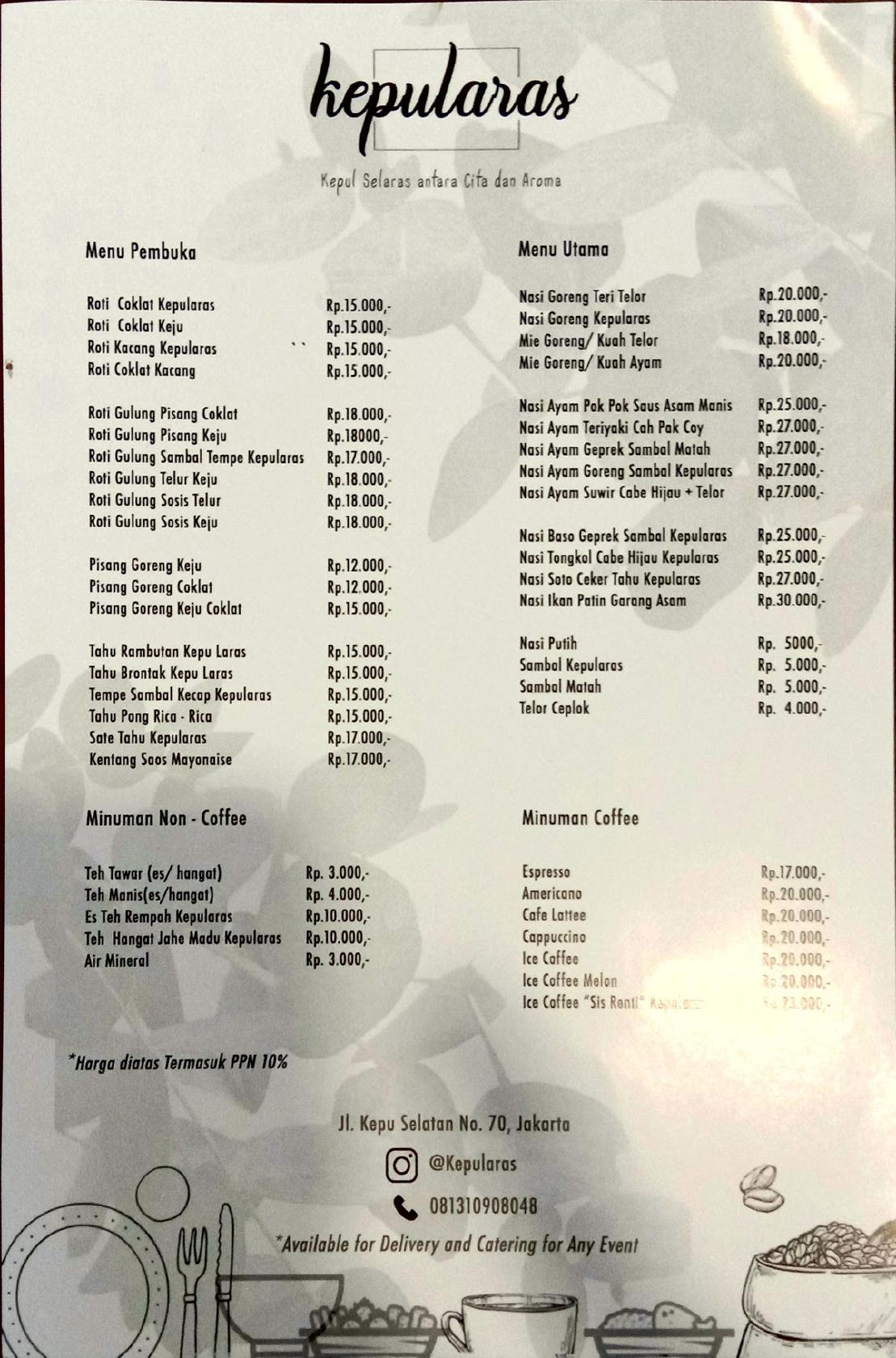 Menu at Resto Kepularas restaurant, Central Jakarta