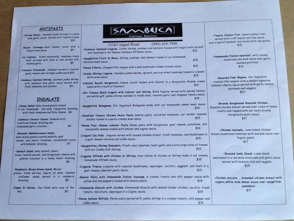 Menu at Sambuca Bistro restaurant, Laguna Niguel