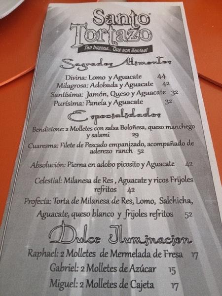 Menu at Santo Tortazo restaurant, Zacatecas