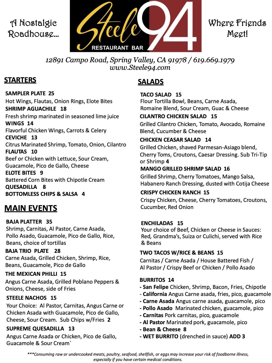 Menu at Steele 94 Restaurant Bar, Spring Valley