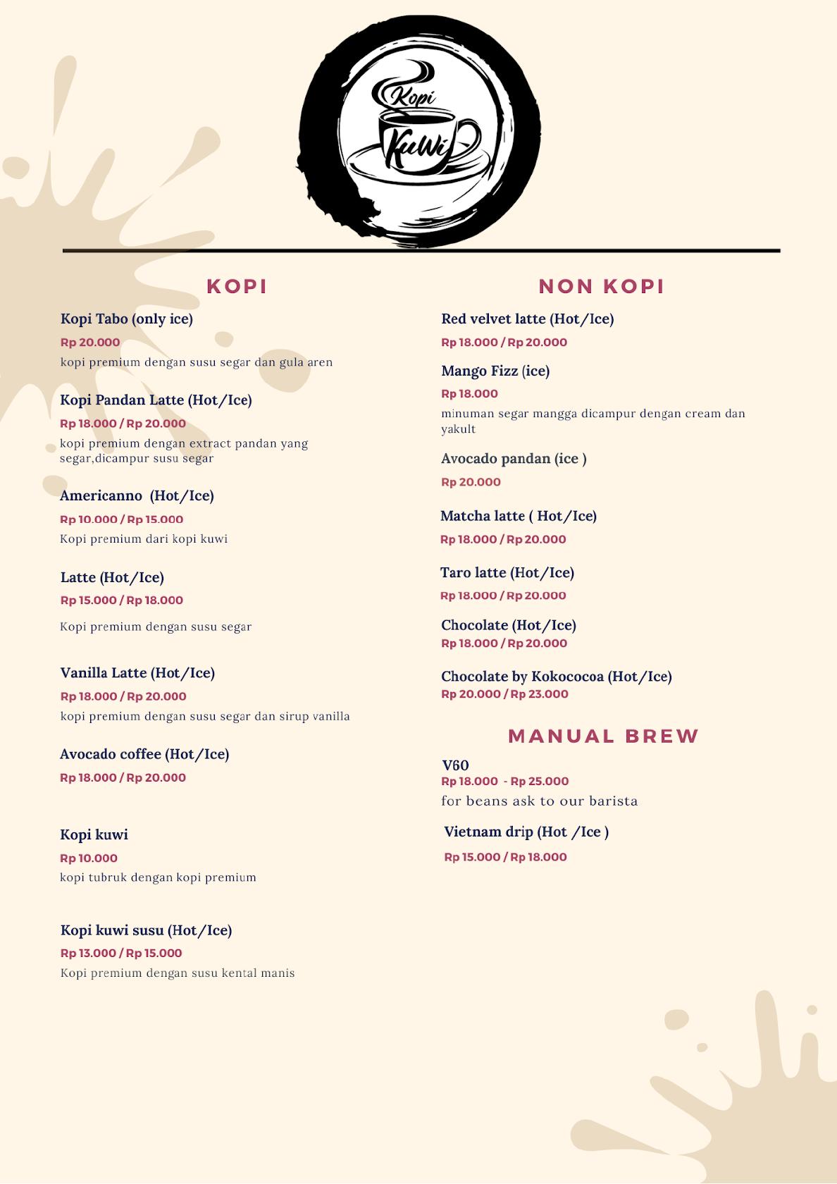 Menu at kopi kuwi, West Jakarta
