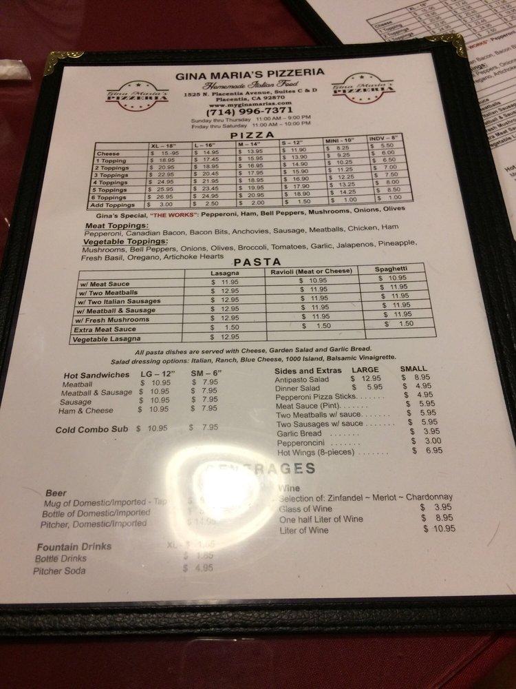 Carta de Gina Maria's Pizzeria, Placentia