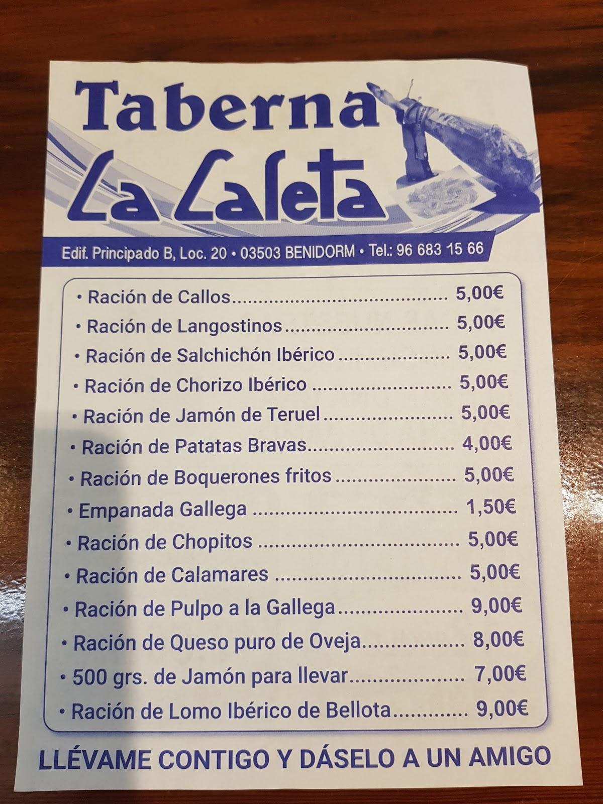 Carta del pub y bar La Caleta, Benidorm, Carretera Doctor Pérez Llorca