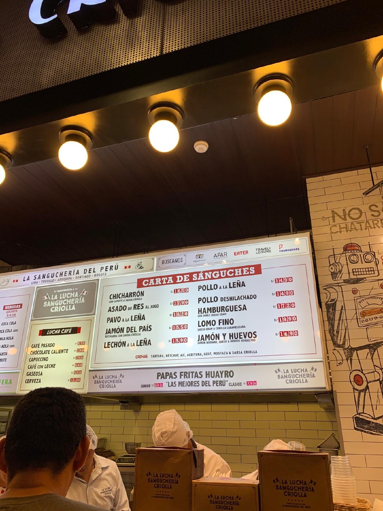 Menu at La Lucha Sangucheria Criolla restaurant, Lima, Aeropuerto LIM