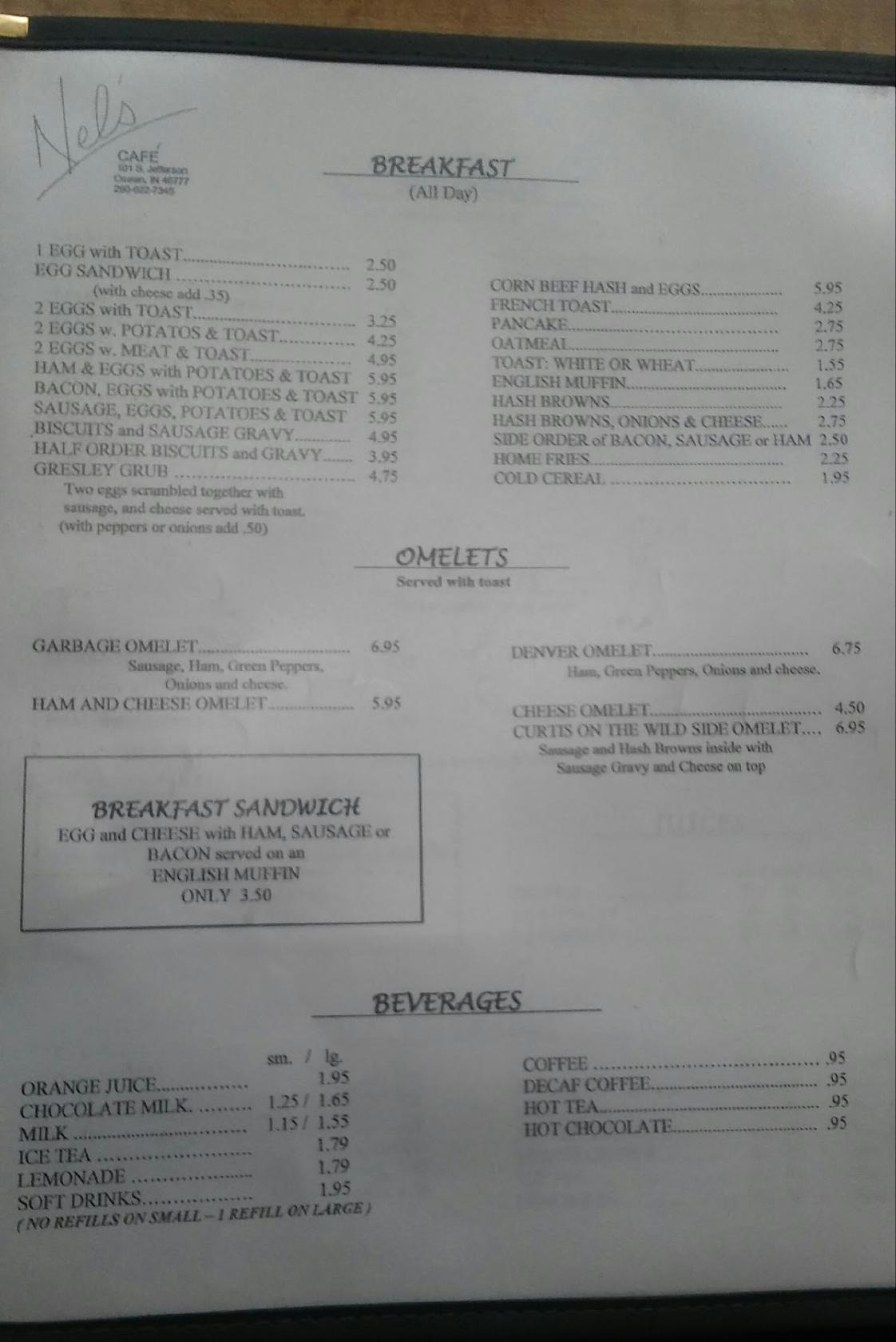 Menu at Nel's Cafe, Ossian