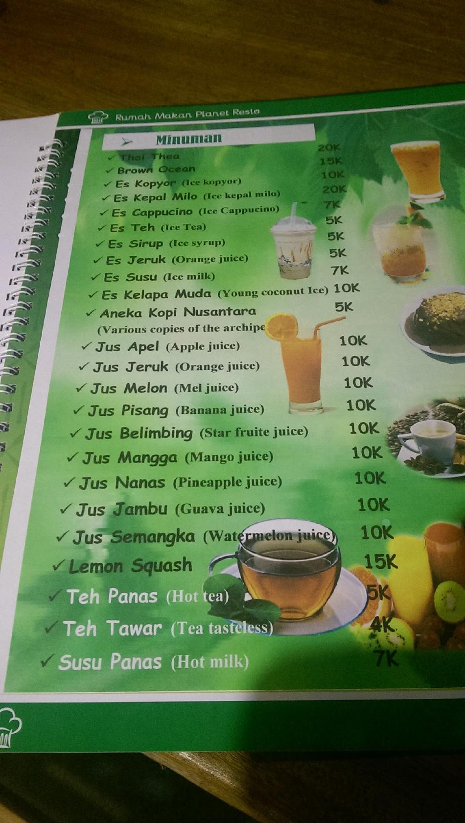 Carta del café Planet Caffee & Resto, Karimunjawa