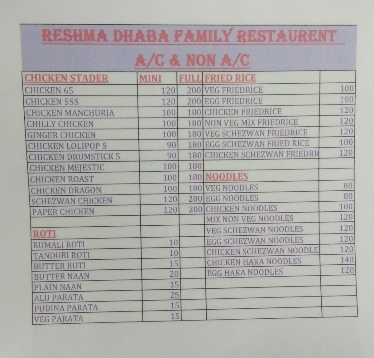 Menu at Reshma Family Dhaba, Sagarpump