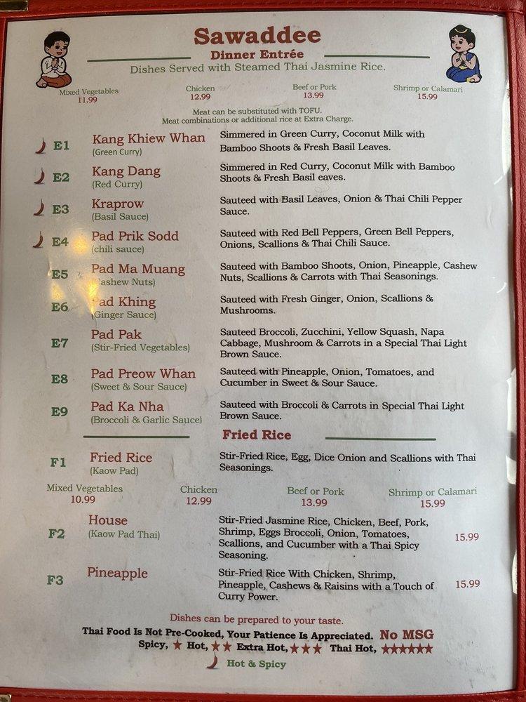 Menu at Sawaddee restaurant, Spring Lake