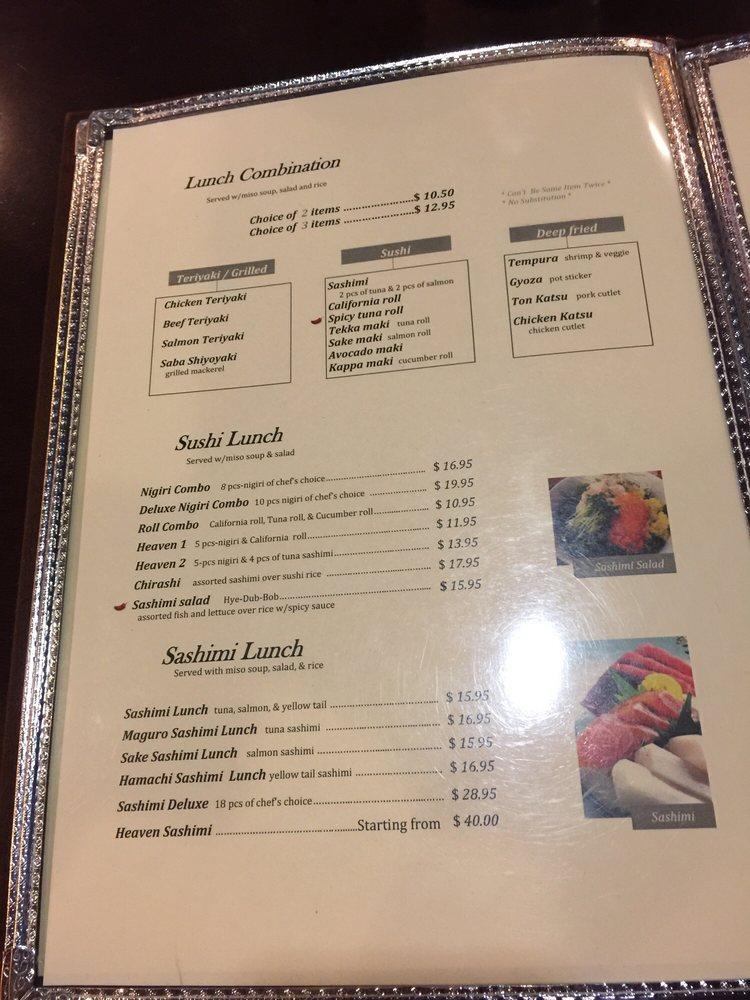 Menu at Sushi Heaven restaurant, Saratoga