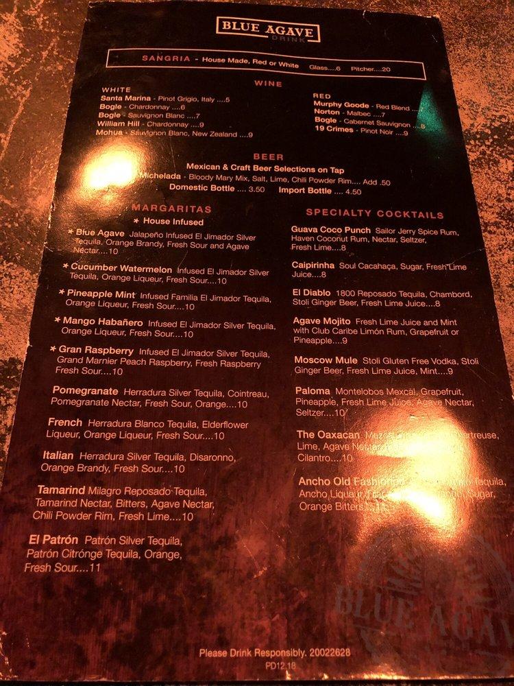 Menu at Blue Agave pub & bar, Vero Beach