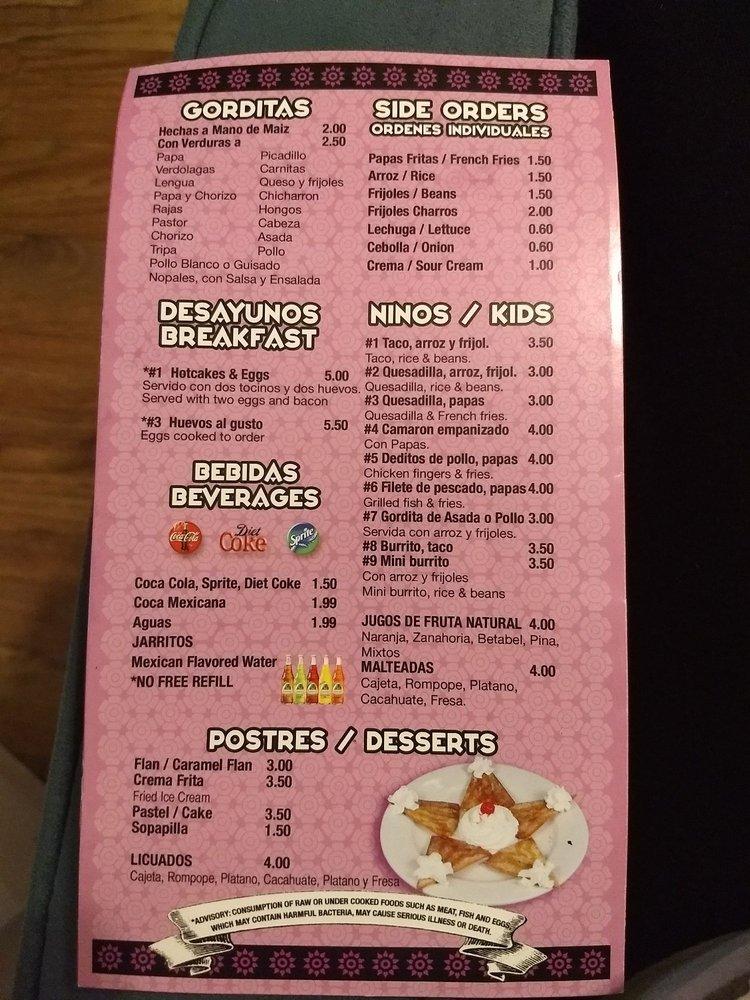Menu at Mega Taco restaurant, Norcross
