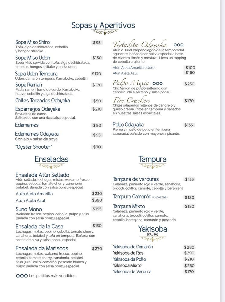 Carta de Odayaka Sushi Bar, Tijuana