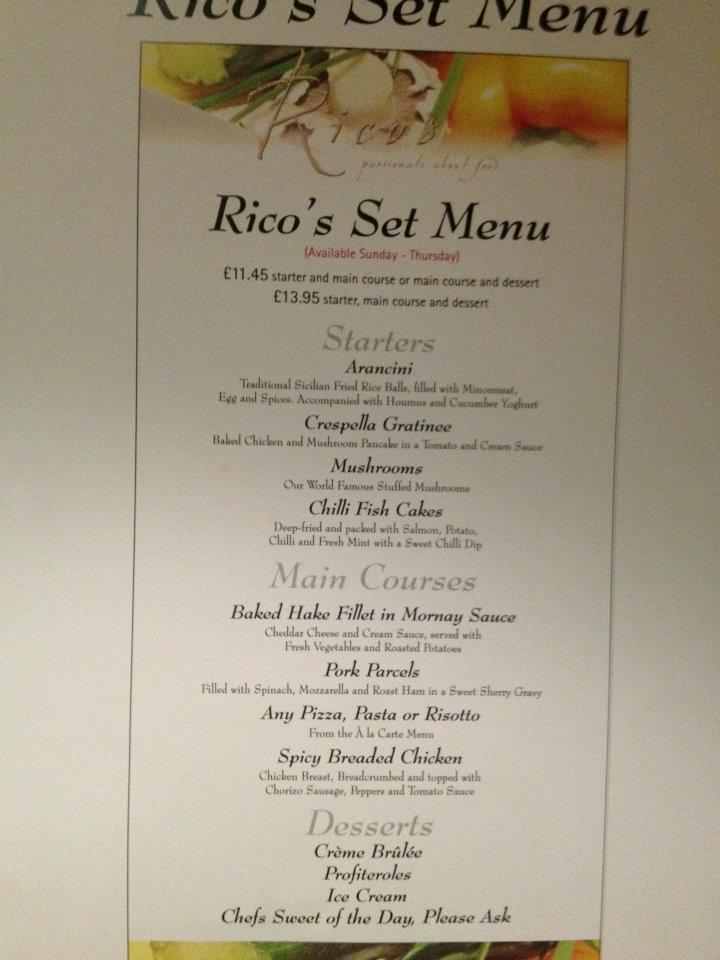 Menu at Rico's Restaurant Ltd, Poulton-le-Fylde