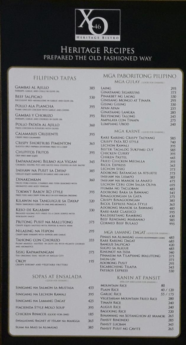 Menu at XO 46 Heritage Bistro restaurant, Pasay, GXJJ+W3X