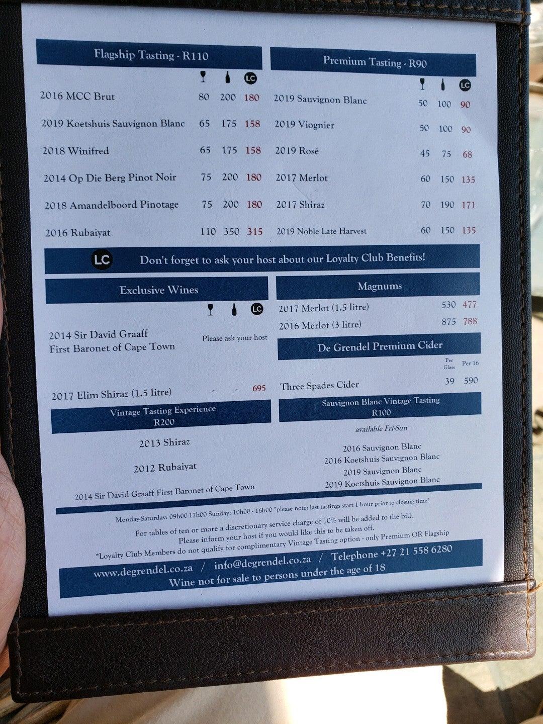 Menu at De Grendel Wine Estate and Restaurant, Cape Town