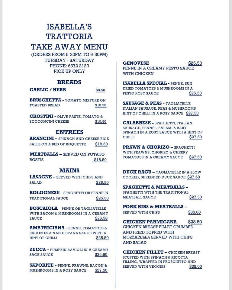 Menu at Isabella's Trattoria restaurant, Mudgee